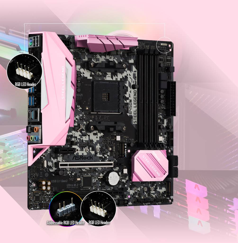 ASROCK SOCKET AM4 B450M PINK STEEL LEGEND MOTHERBOARD